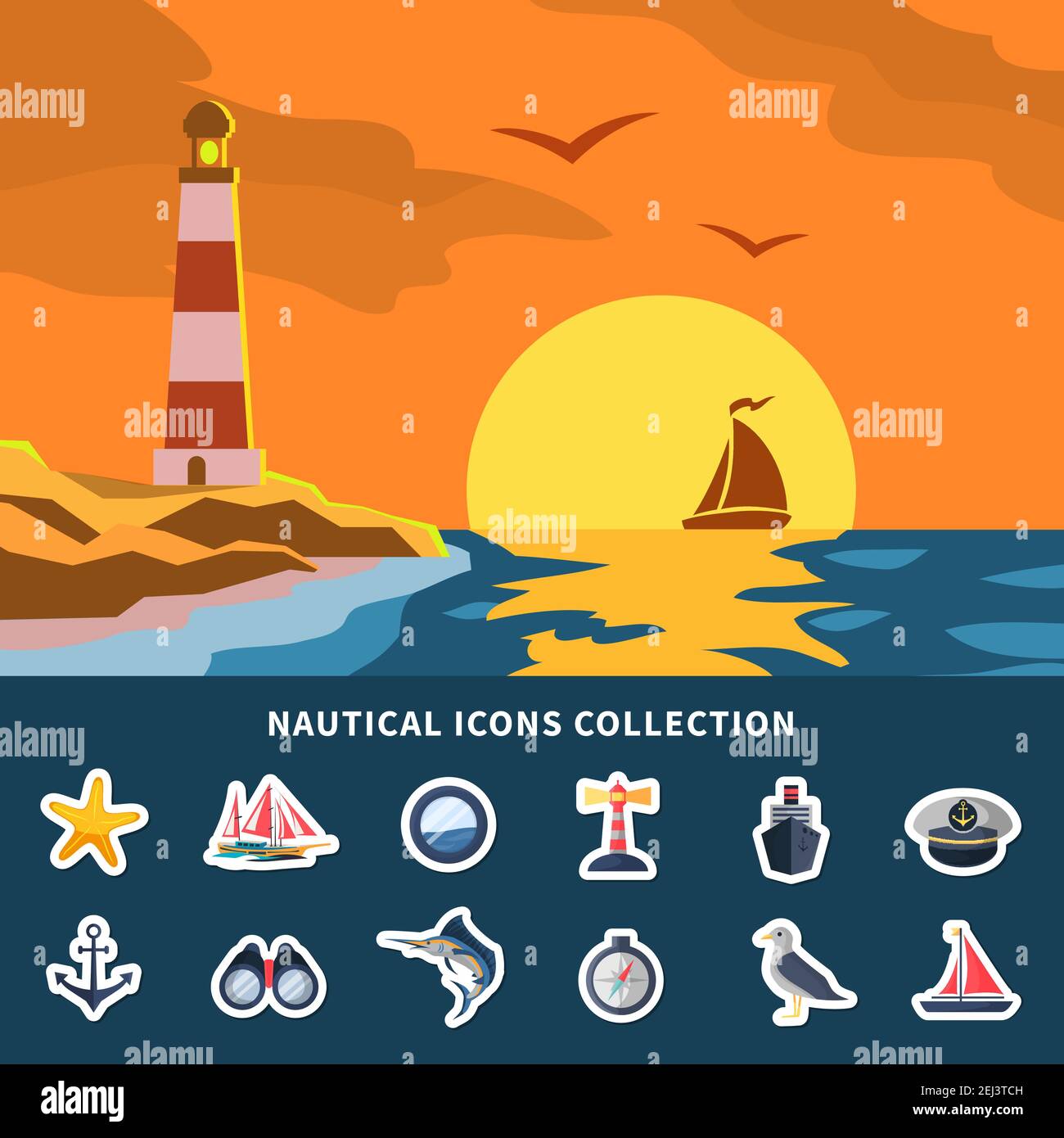 Nautical icons collection with yacht sunset and lighthouse flat vector ...