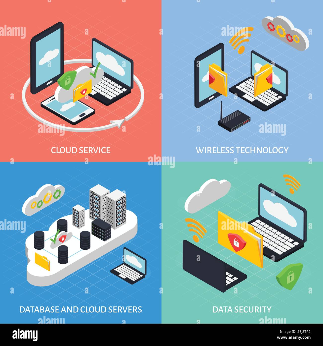 Cloud office isometric concept icons set with database symbols isolated ...