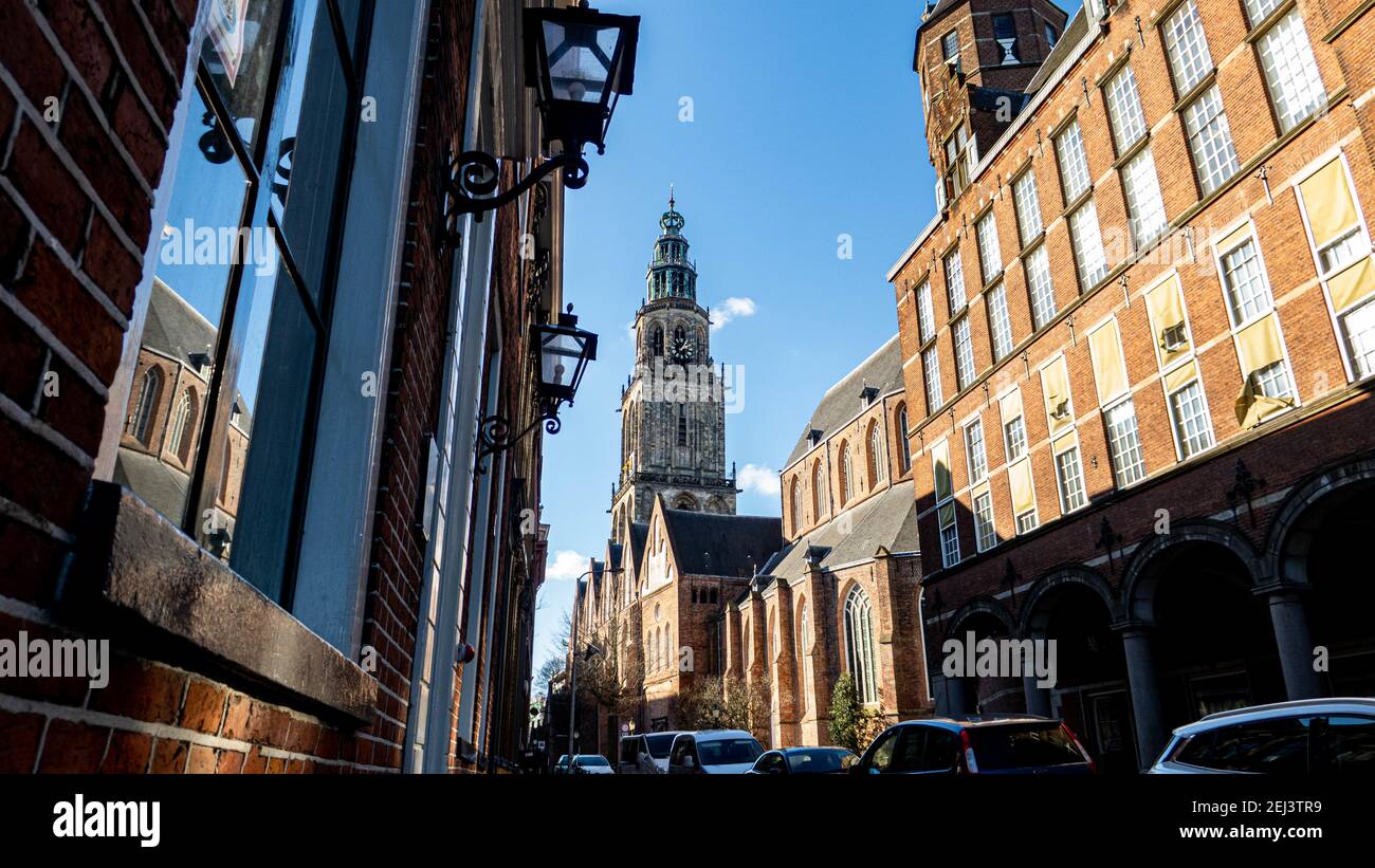 A beautiful view of the Martinikerk tower in Groningen, Netherlands ...