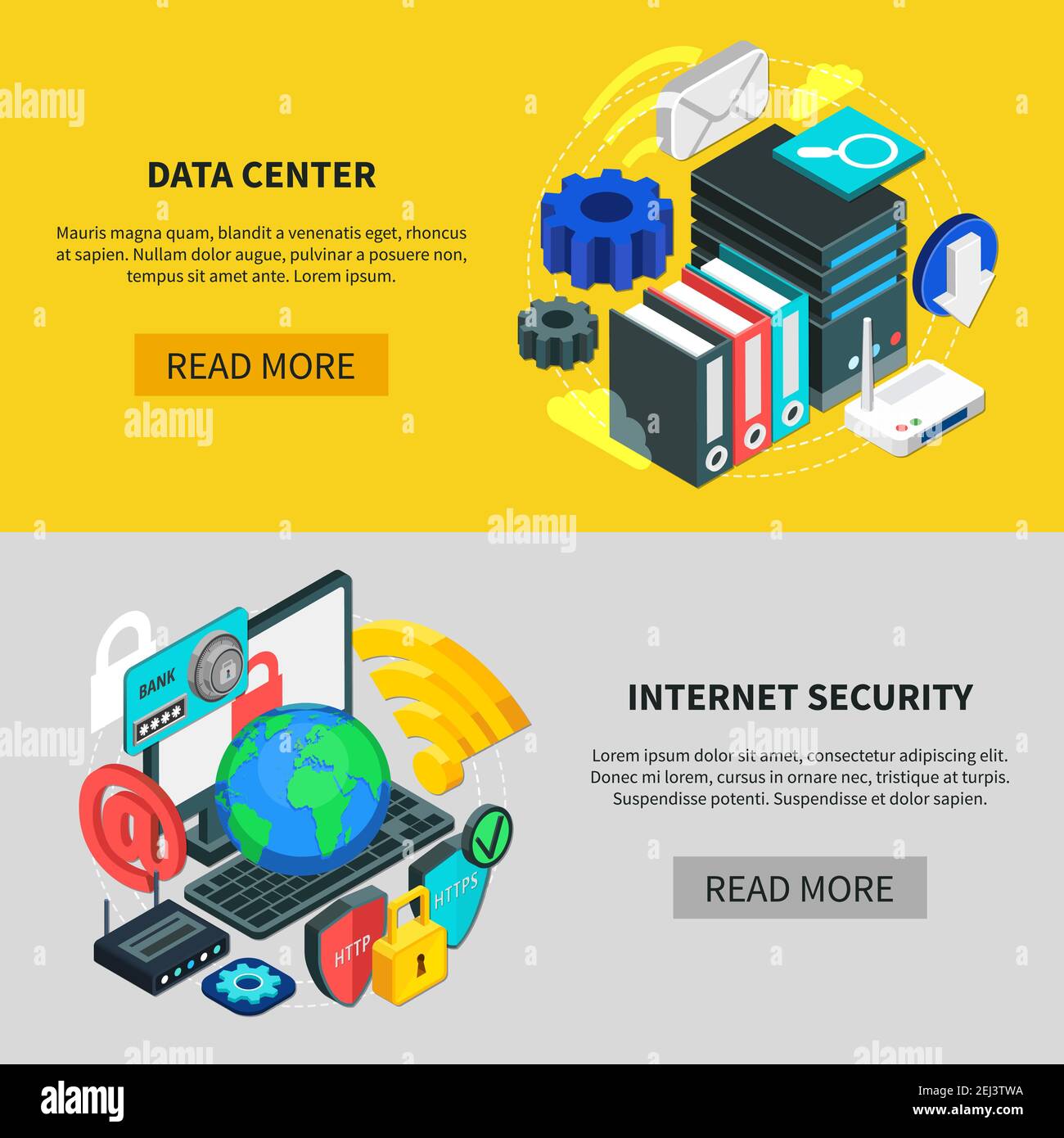 Cloud services horizontal banners with data center and Internet ...