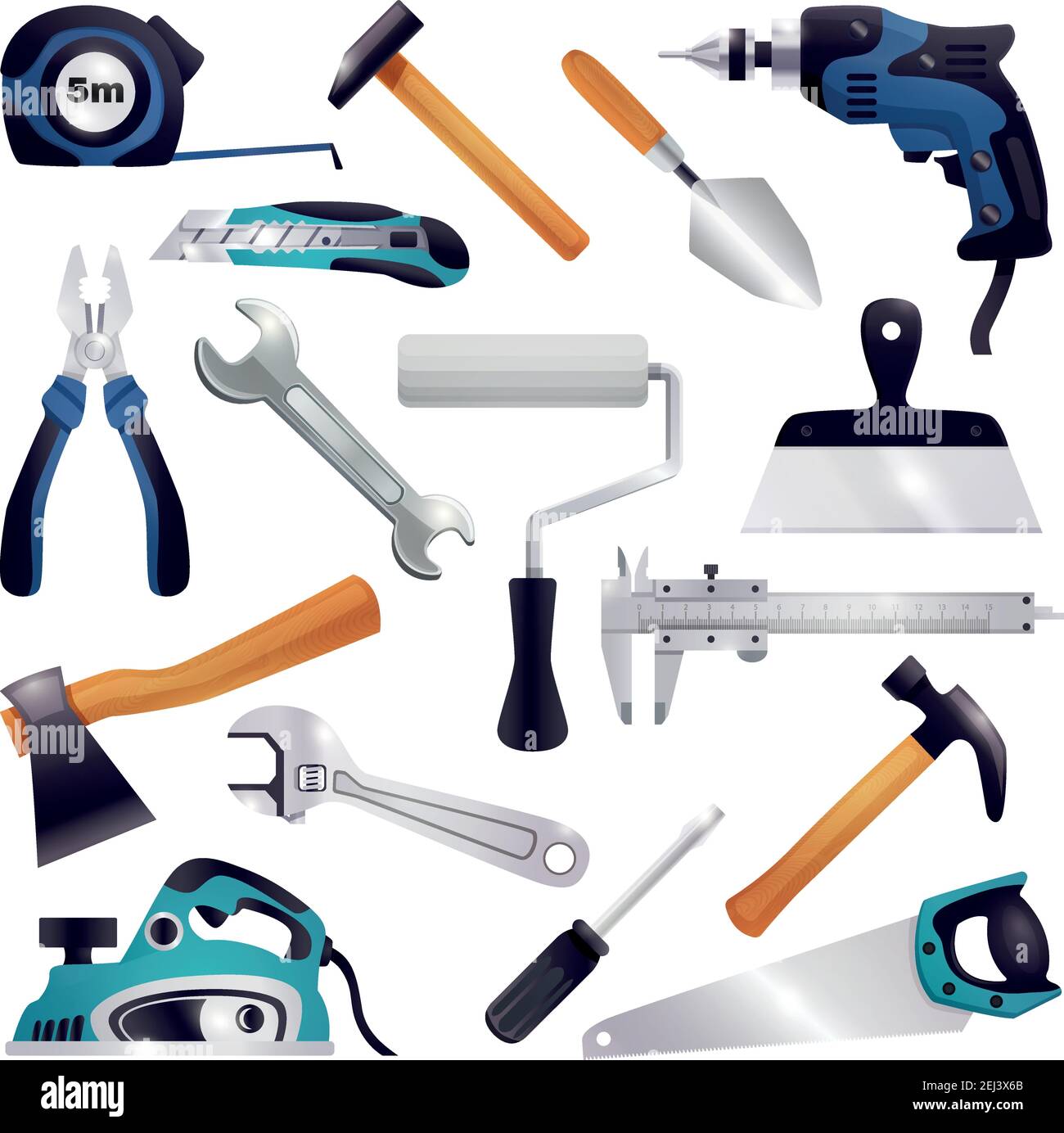 Building construction renovation remodeling realistic carpentry woodwork tools set with axe claw ...