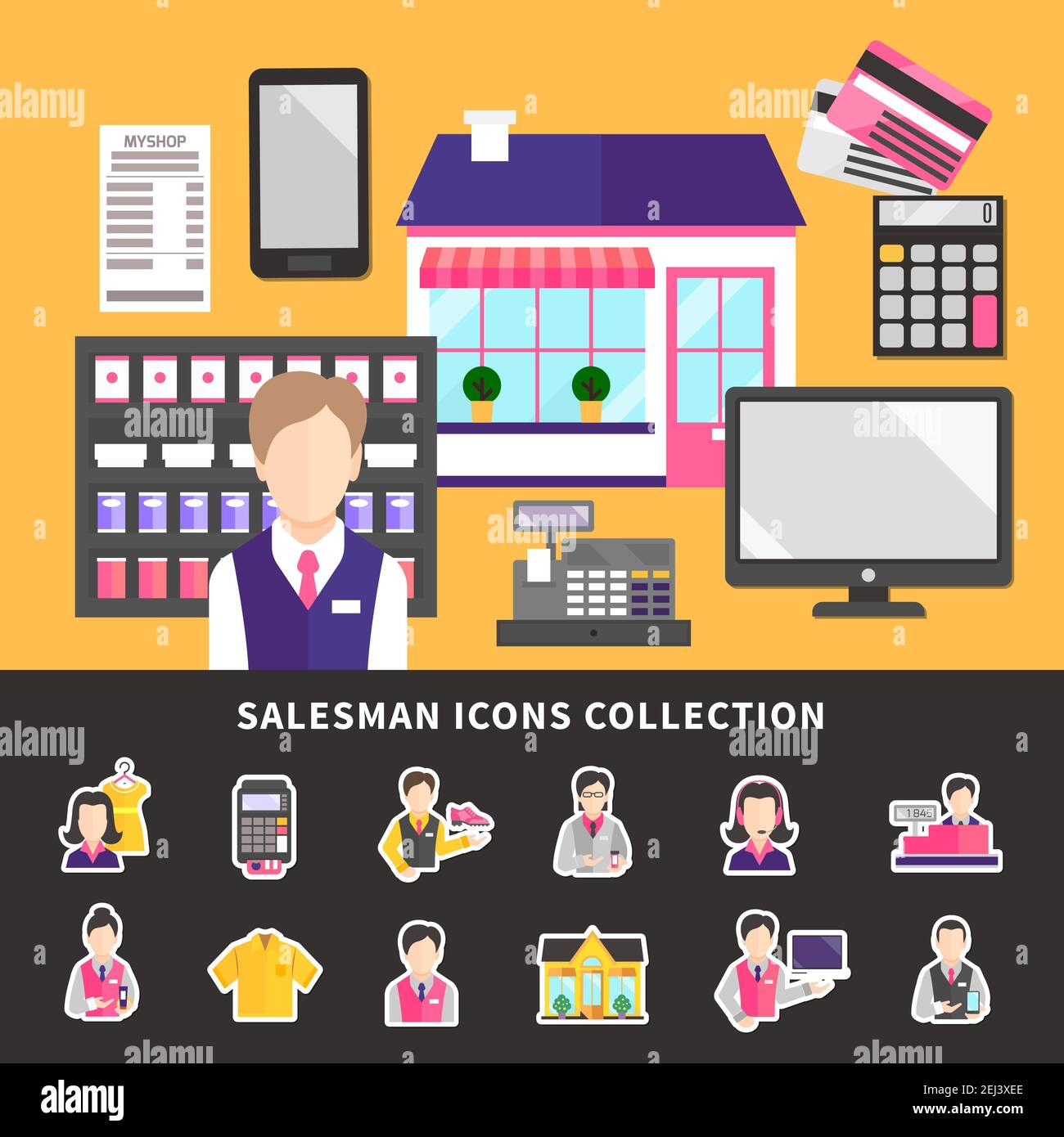 Salesman background with store attendant and cashier characters with ...