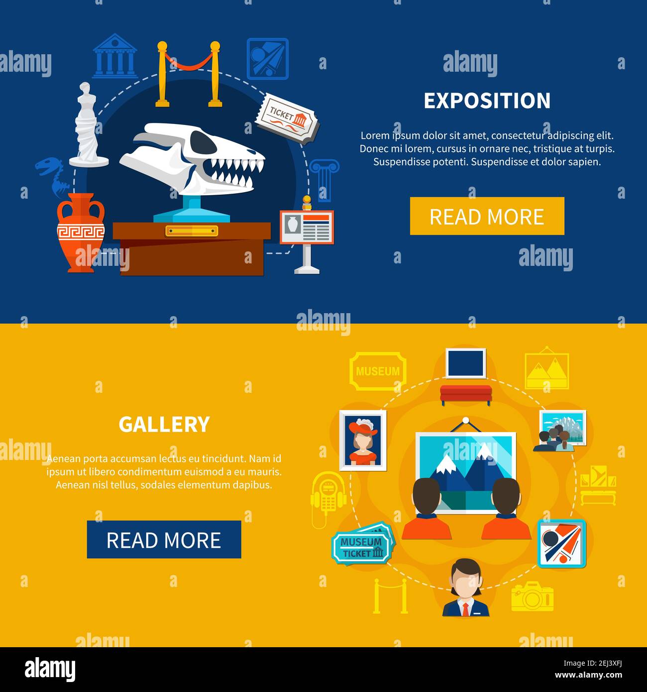 Gallery and museum exposition horizontal banners with paleontology ...