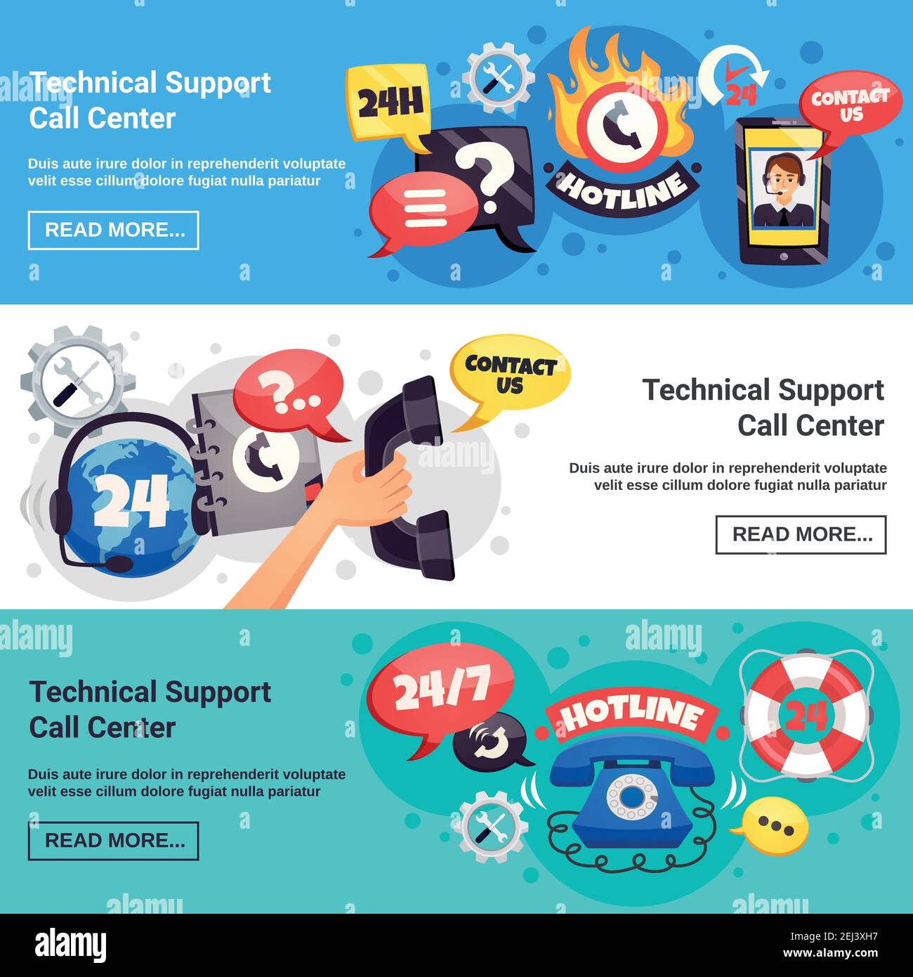 Technical customer support call center 24h online service 3 horizontal background banners ...