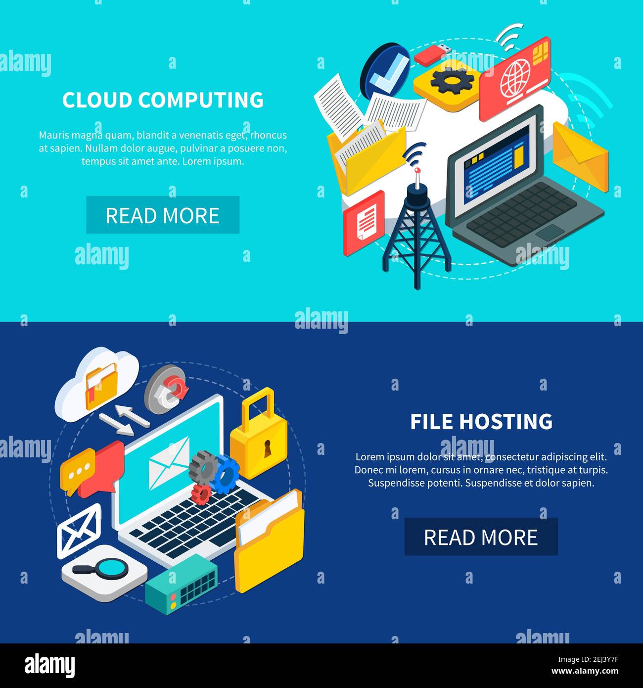Cloud services horizontal banners with cloud computing and file hosting ...