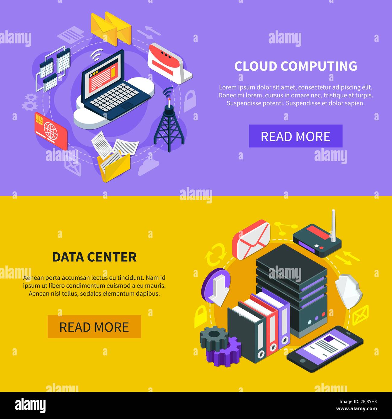 Cloud computing and data center horizontal banners with hardware used ...