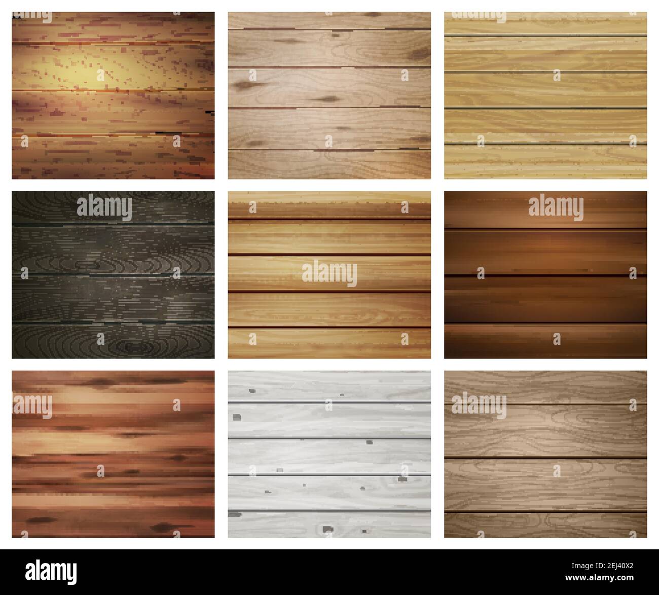 Realistic wooden texture set of nine isolated rectangular images with ...