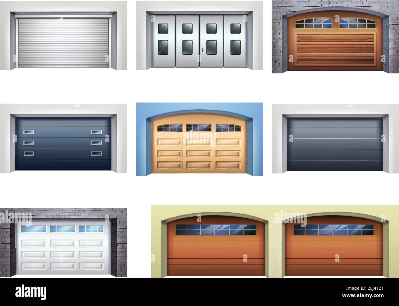 Set of realistic garage doors from various material with mechanical or ...