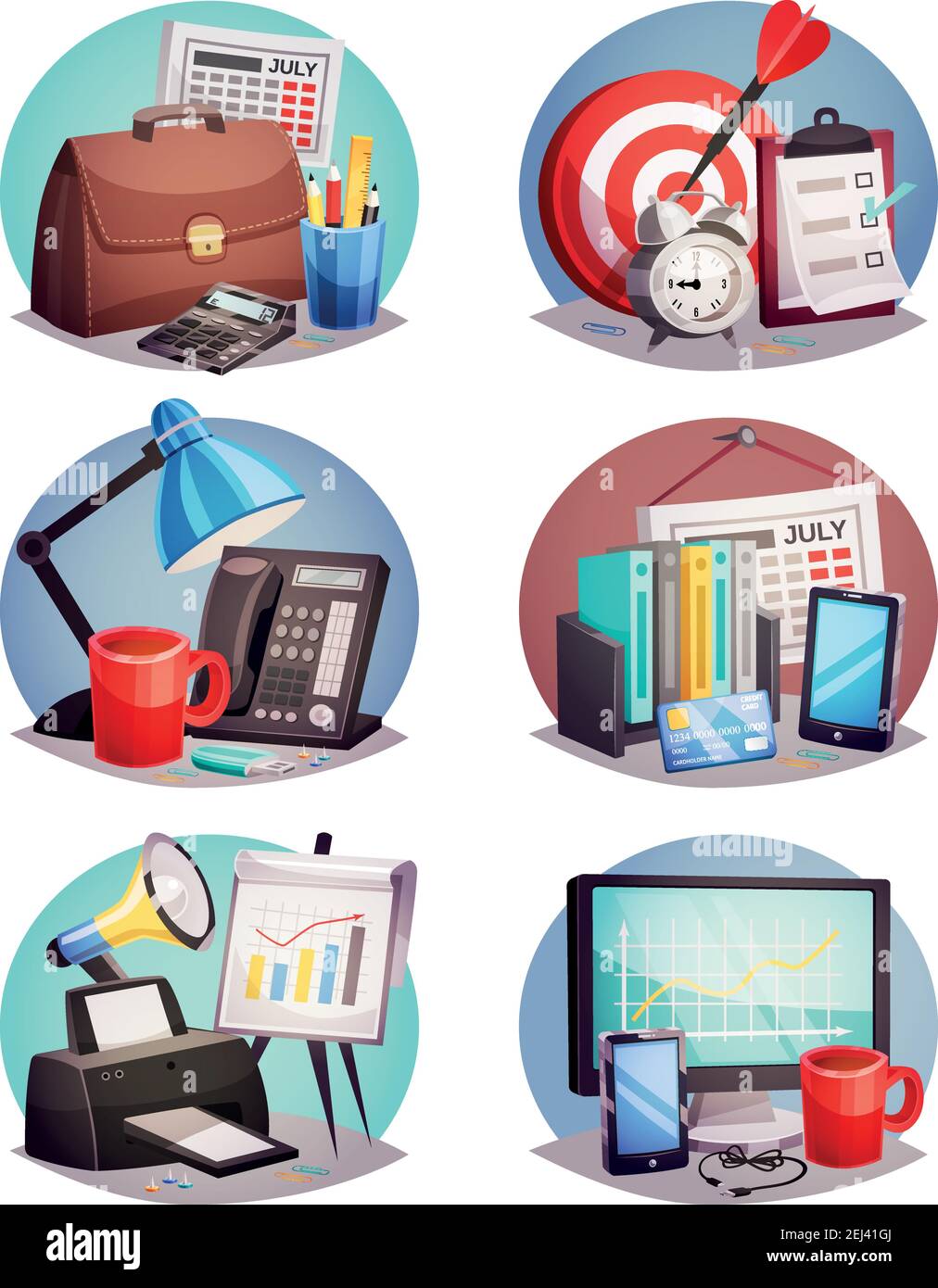 Business attributes symbols 6 round colorful icons set with laptop ...