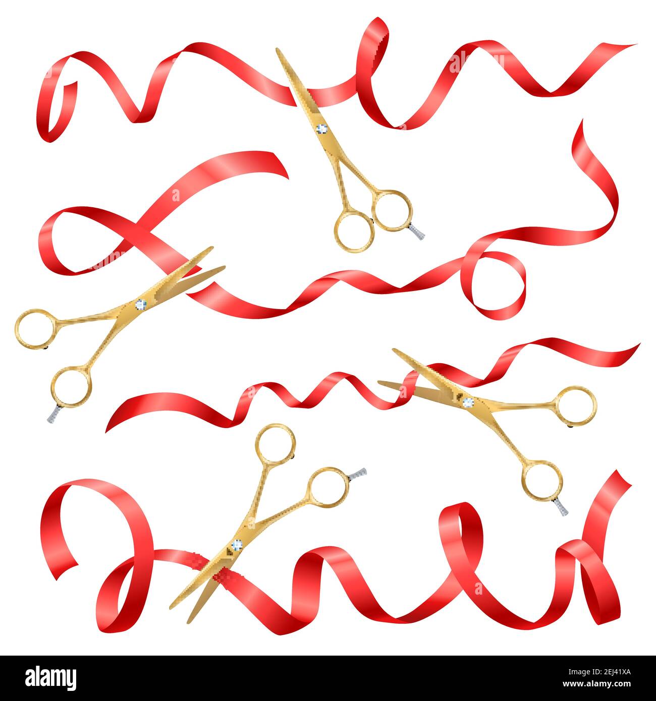 Realistic scissors grand opening set with isolated images of golden ...