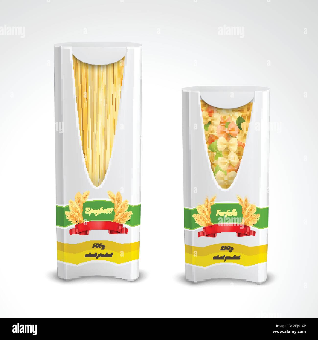 Set of realistic cardboard package with wreaths of spikelets with pasta ...