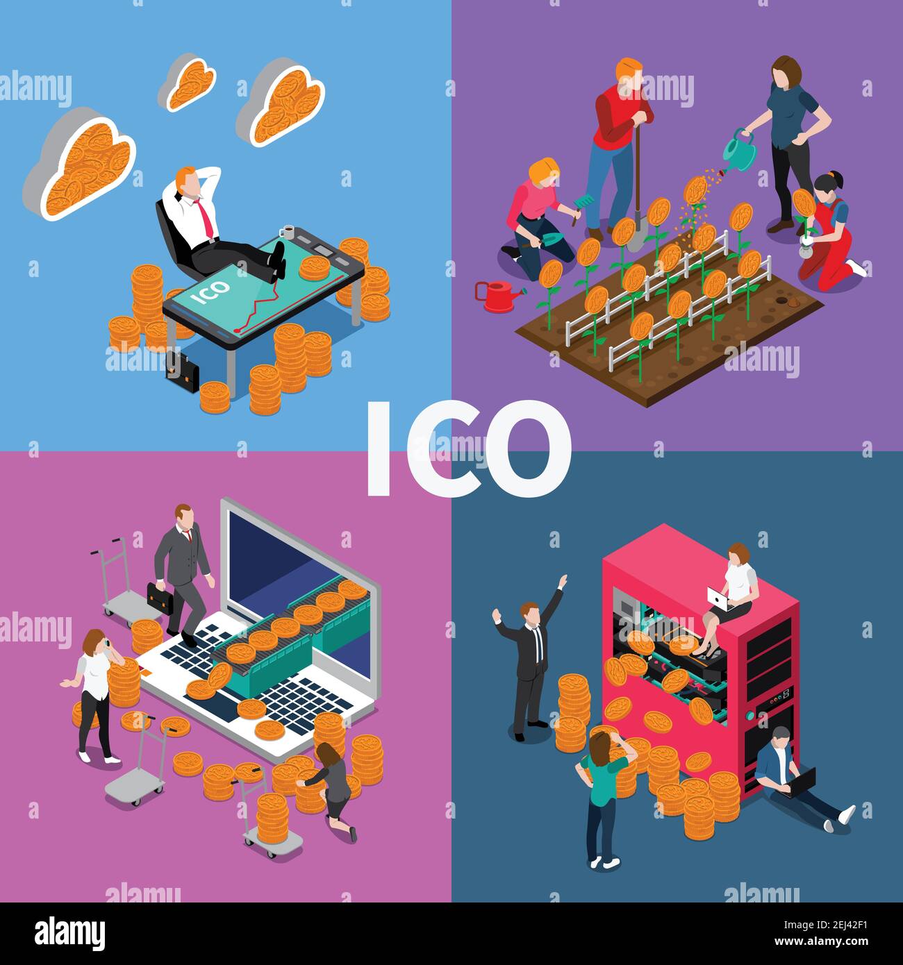 Blockchain ico isometric concept with initial coin offering, mining ...