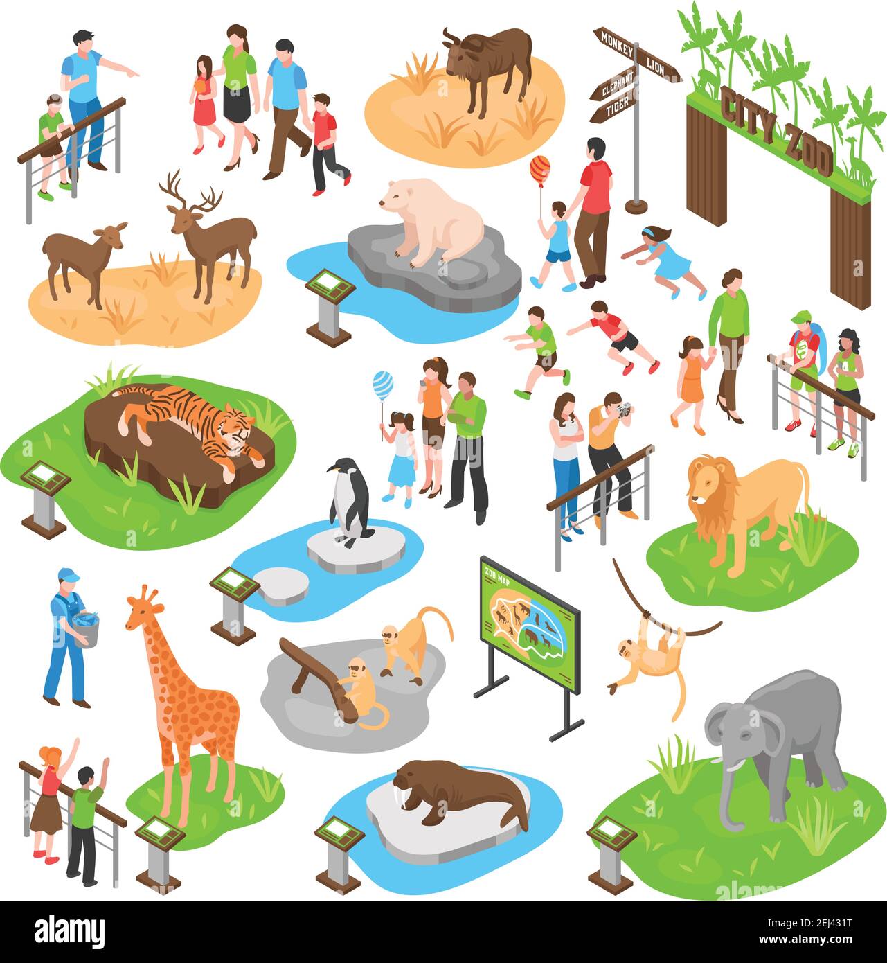City zoo isometric set with adult and kid visitors and animals of ...