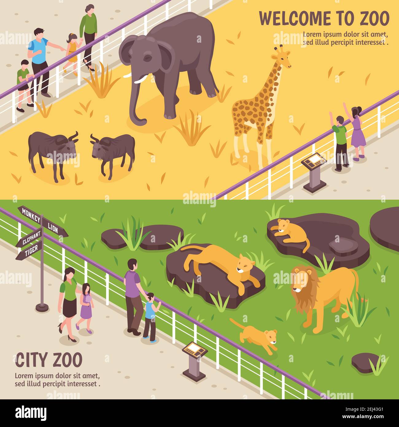 Set of two isometric zoo horizontal banners with compositions of ...