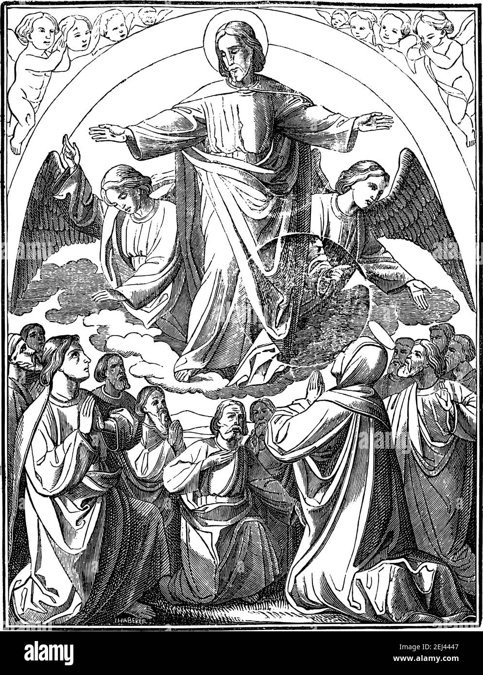 Resurrected Jesus Christ is taken up to heaven.Vintage antique drawing ...