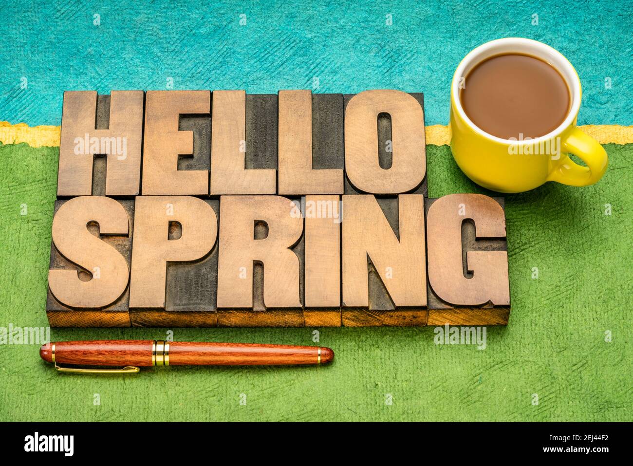 Hello Spring word abstract in vintage letterpress wood type with a cup ...