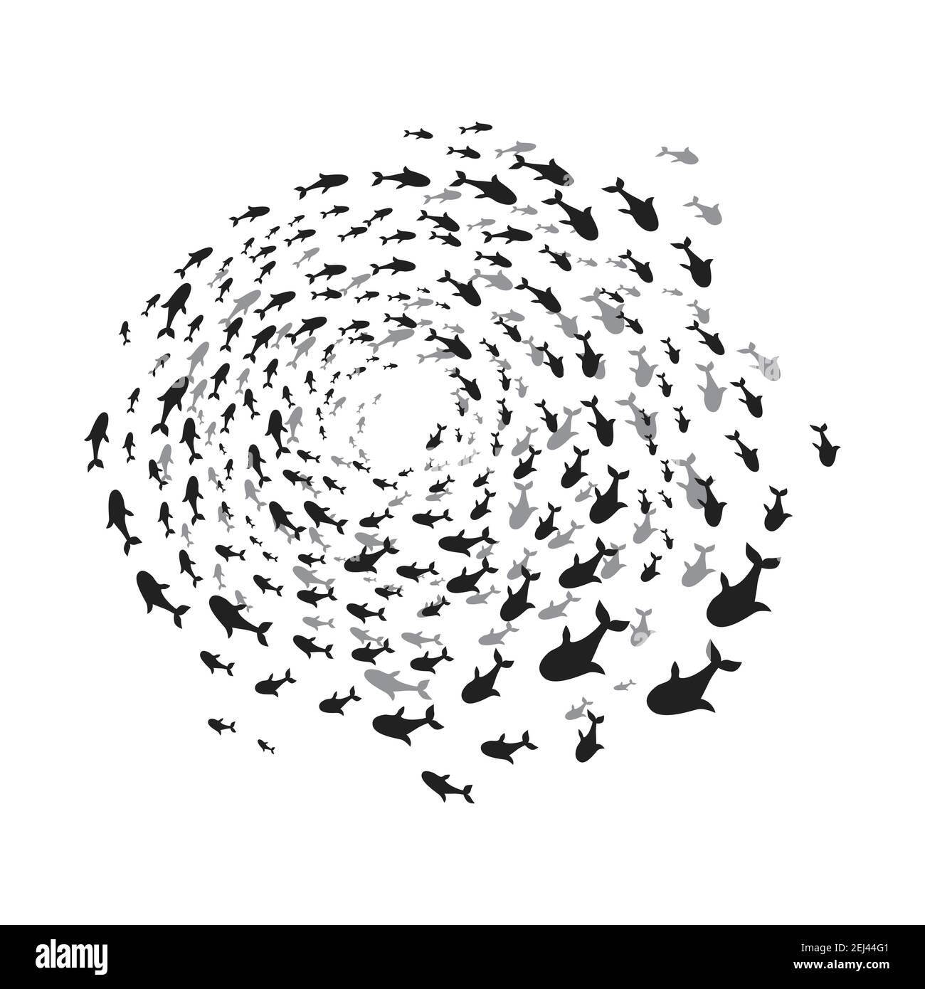 Silhouettes school of fish with marine life of various sizes swimming ...