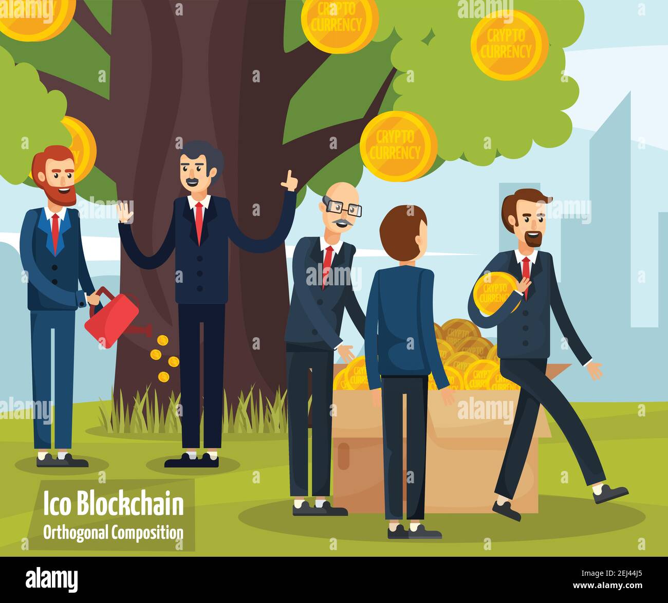 Initial coin offering cartoon composition with happy cartoon characters ...
