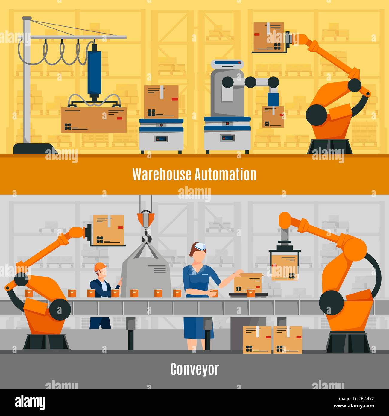 Warehouse automation horizontal banners set with conveyor symbols flat isolated vector ...