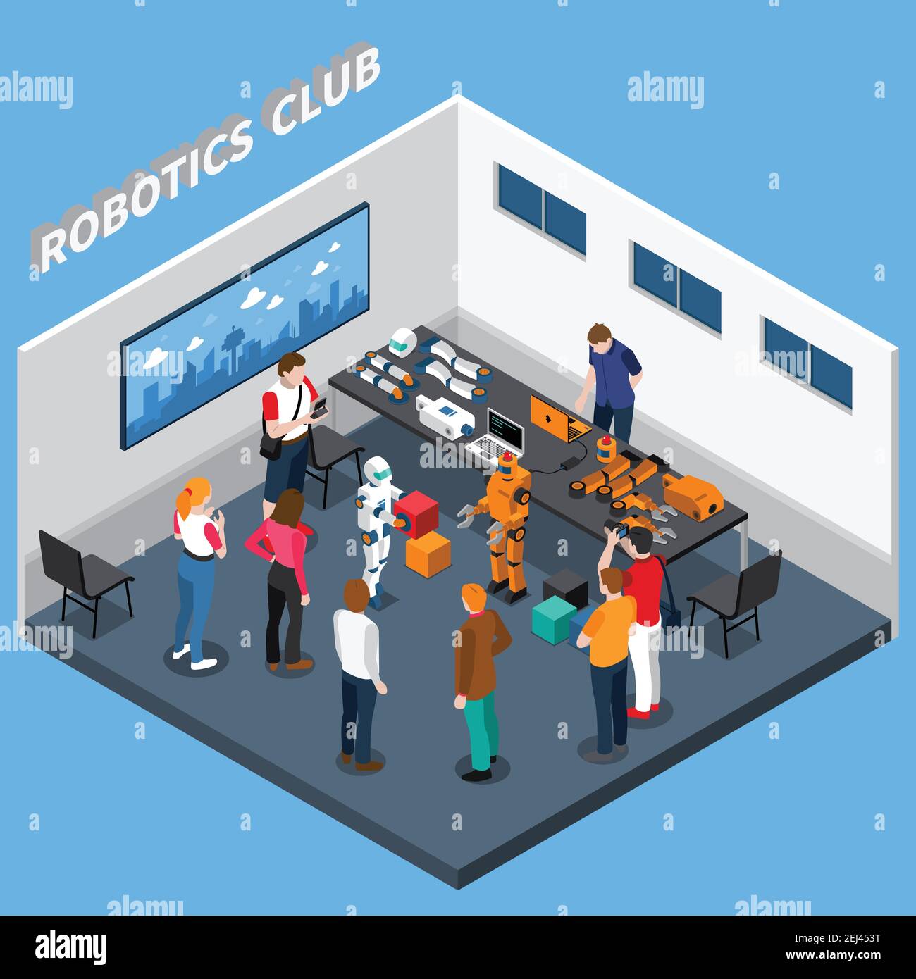 Robotics club isometric composition including machines with artificial ...