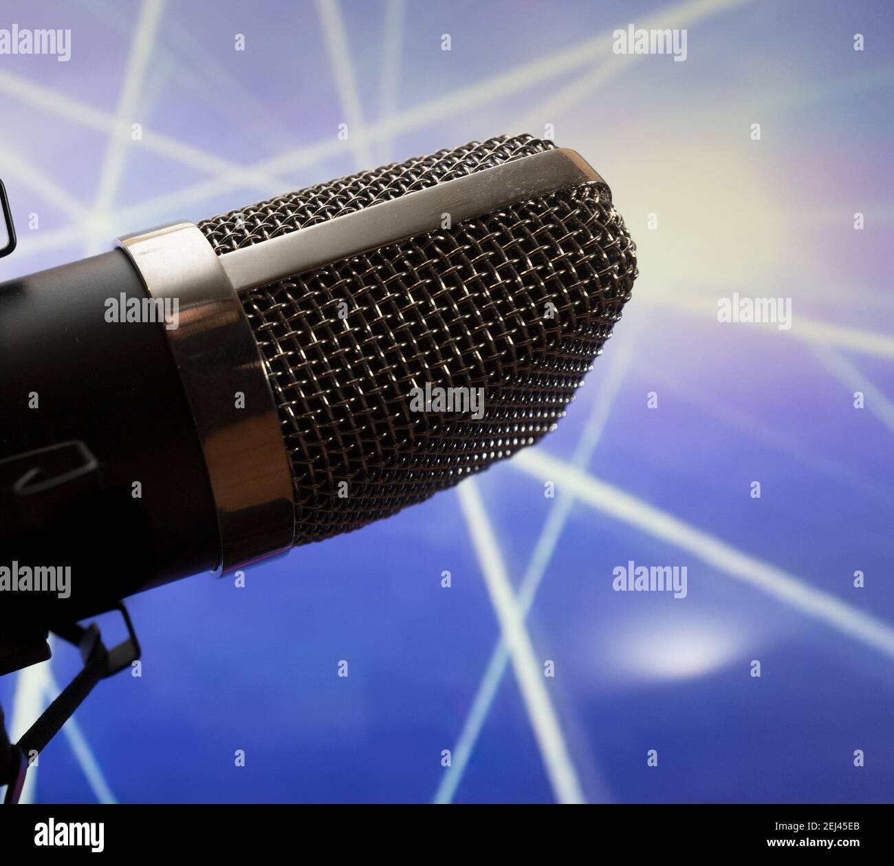 A wide-angle view of a microphone with a pedestal at a party atmosphere ...