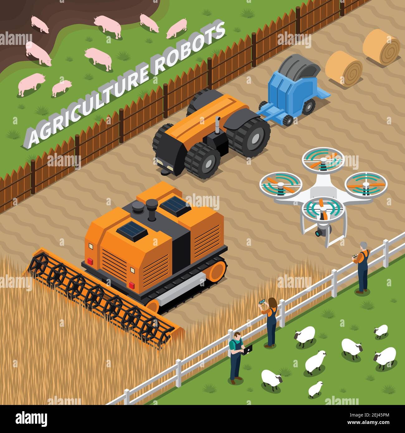 Isometric composition with farming robots including drone, combine ...