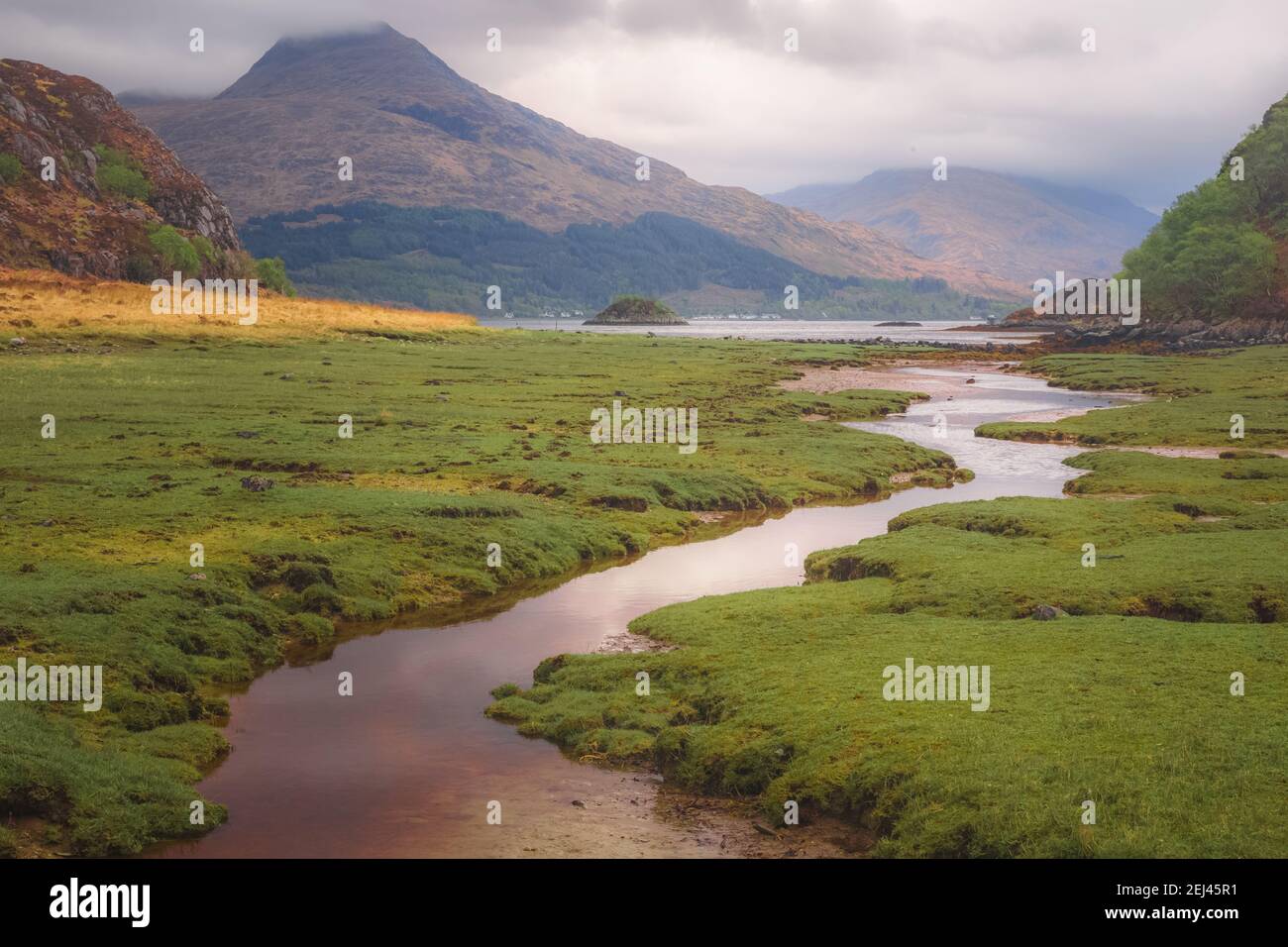Mountain view out to Loch Nevis from the remote, rugged Scottish ...