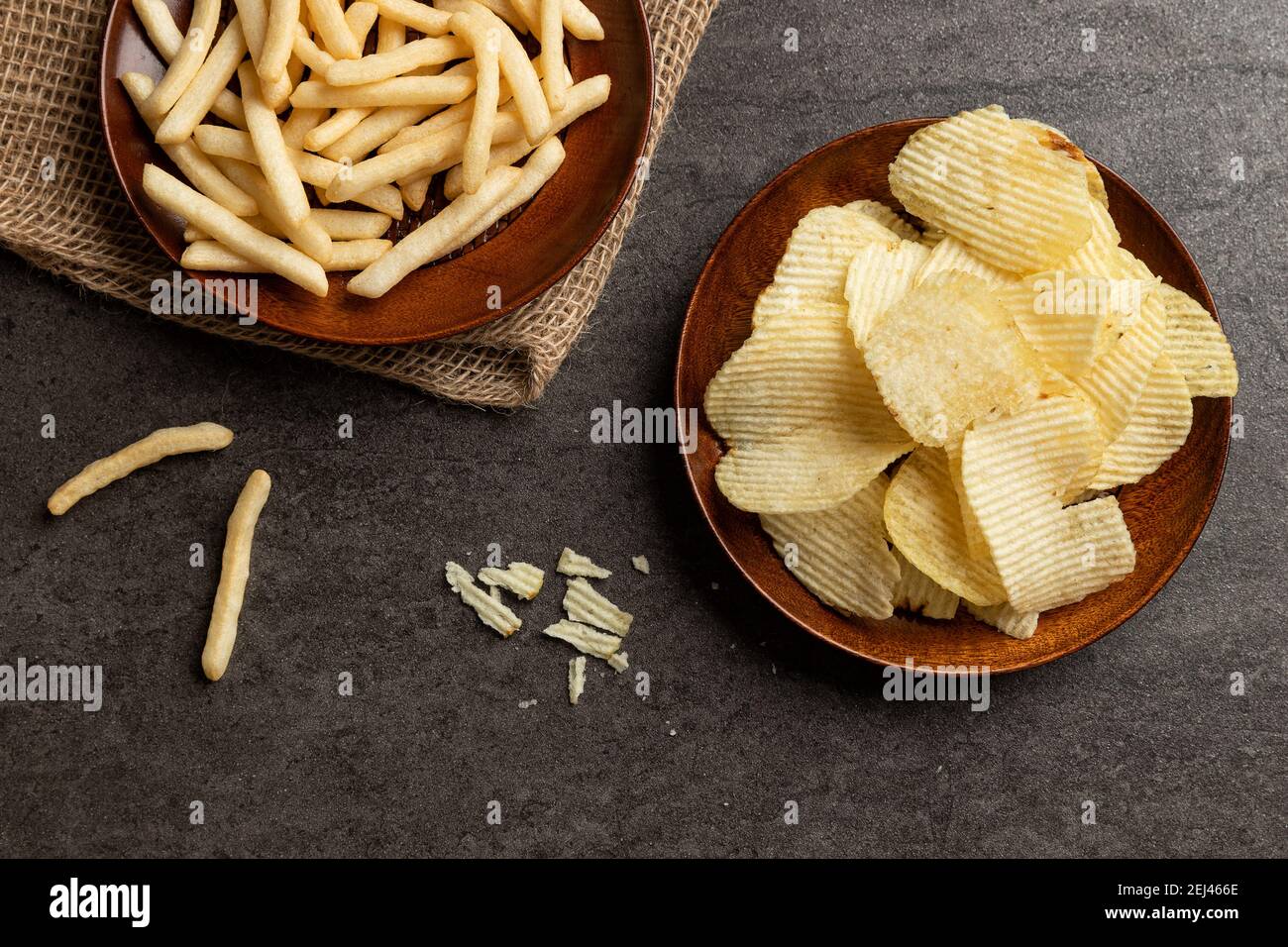 Top view of potato chips and french fries snack in dish Stock Photo - Alamy