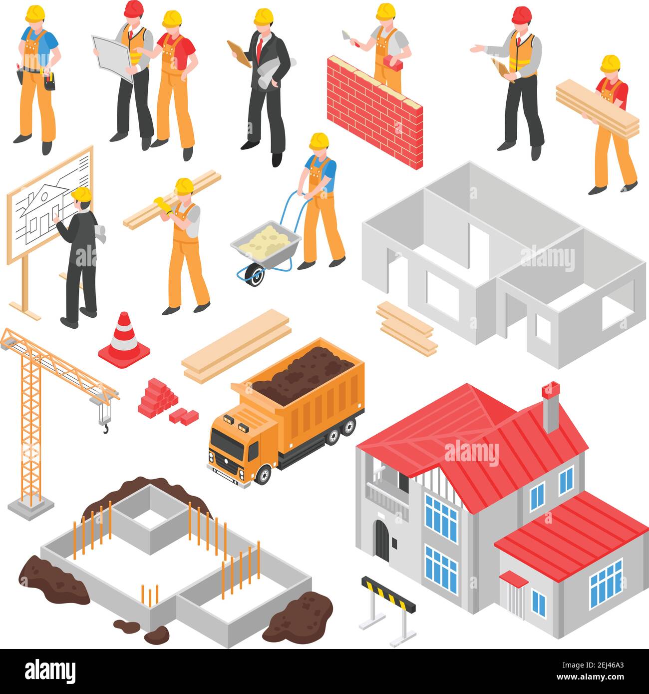 Construction isometric set with builder engineer architect foreman figurines foundation crane ...