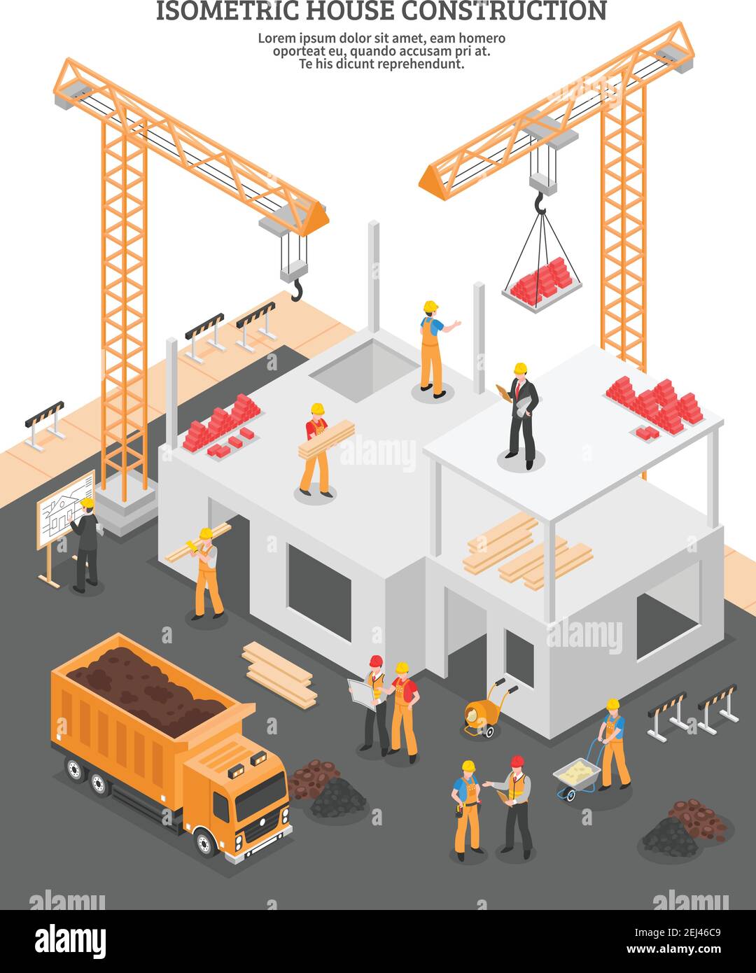 Isometric building composition with view of construction site with ...