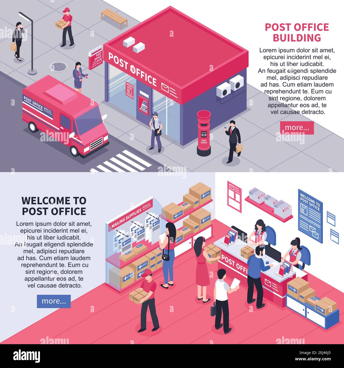 Post office isometric horizontal banners with views from inside and ...