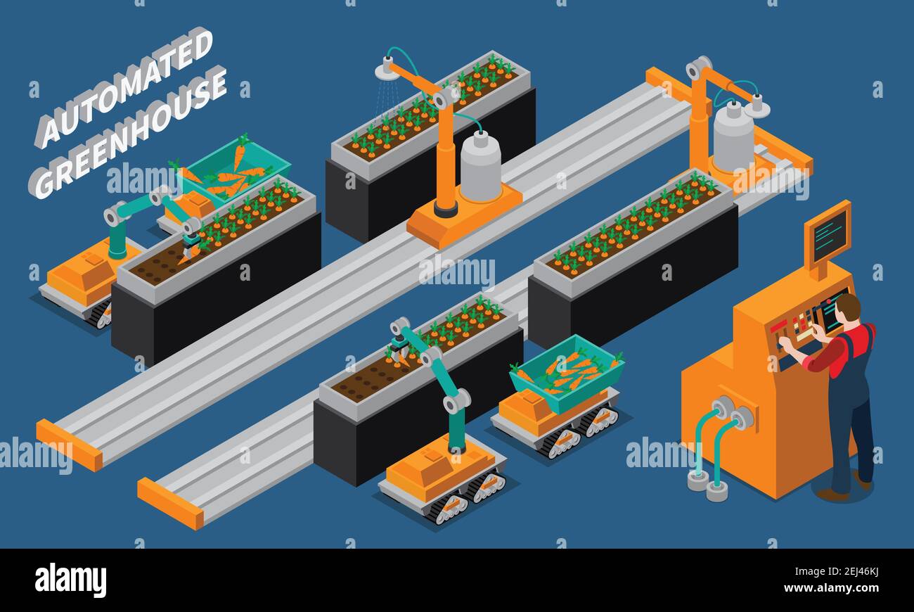 Automated greenhouse isometric composition with farming robots and ...