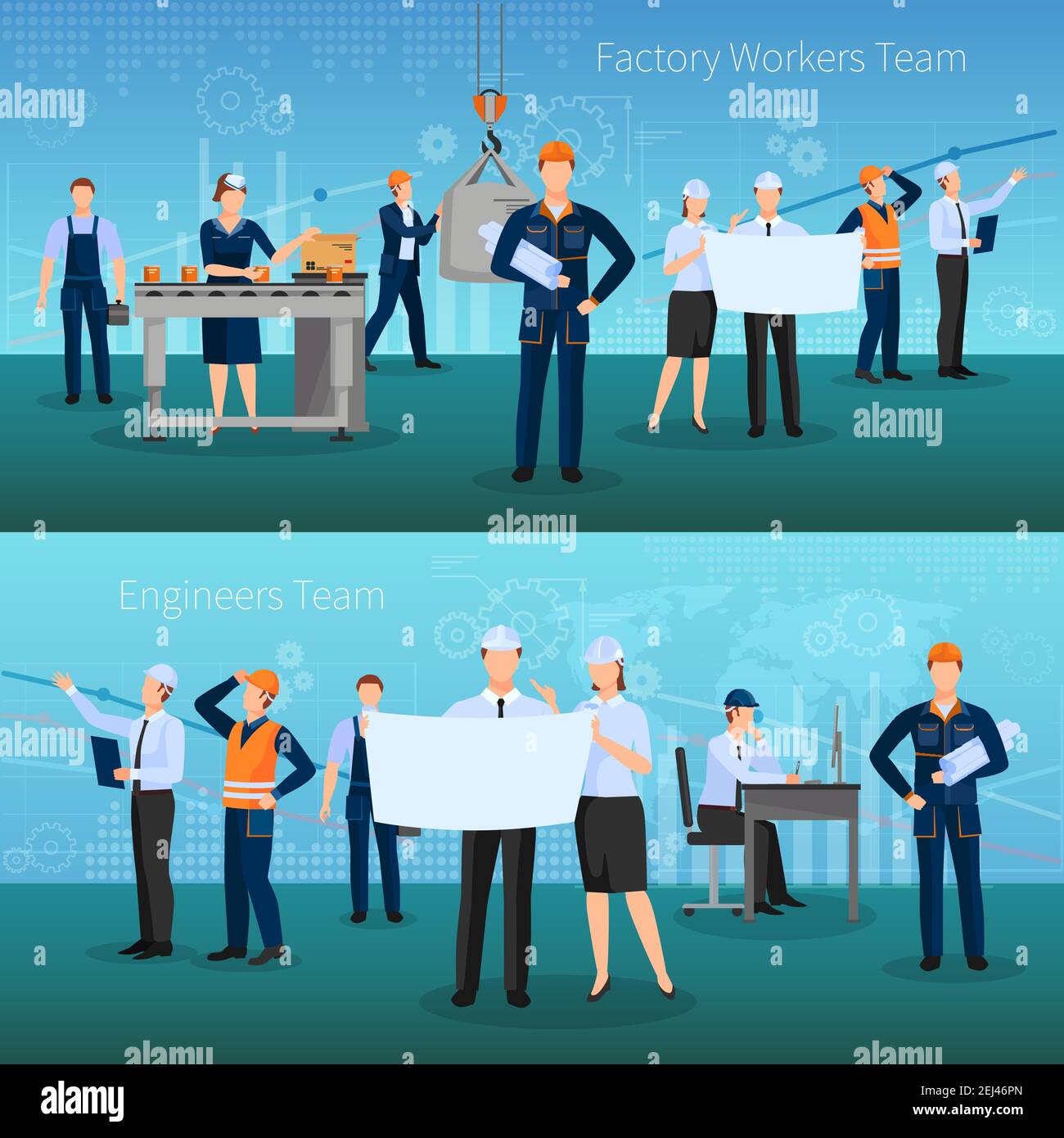 Factory workers team horizontal banners set with technology symbols ...