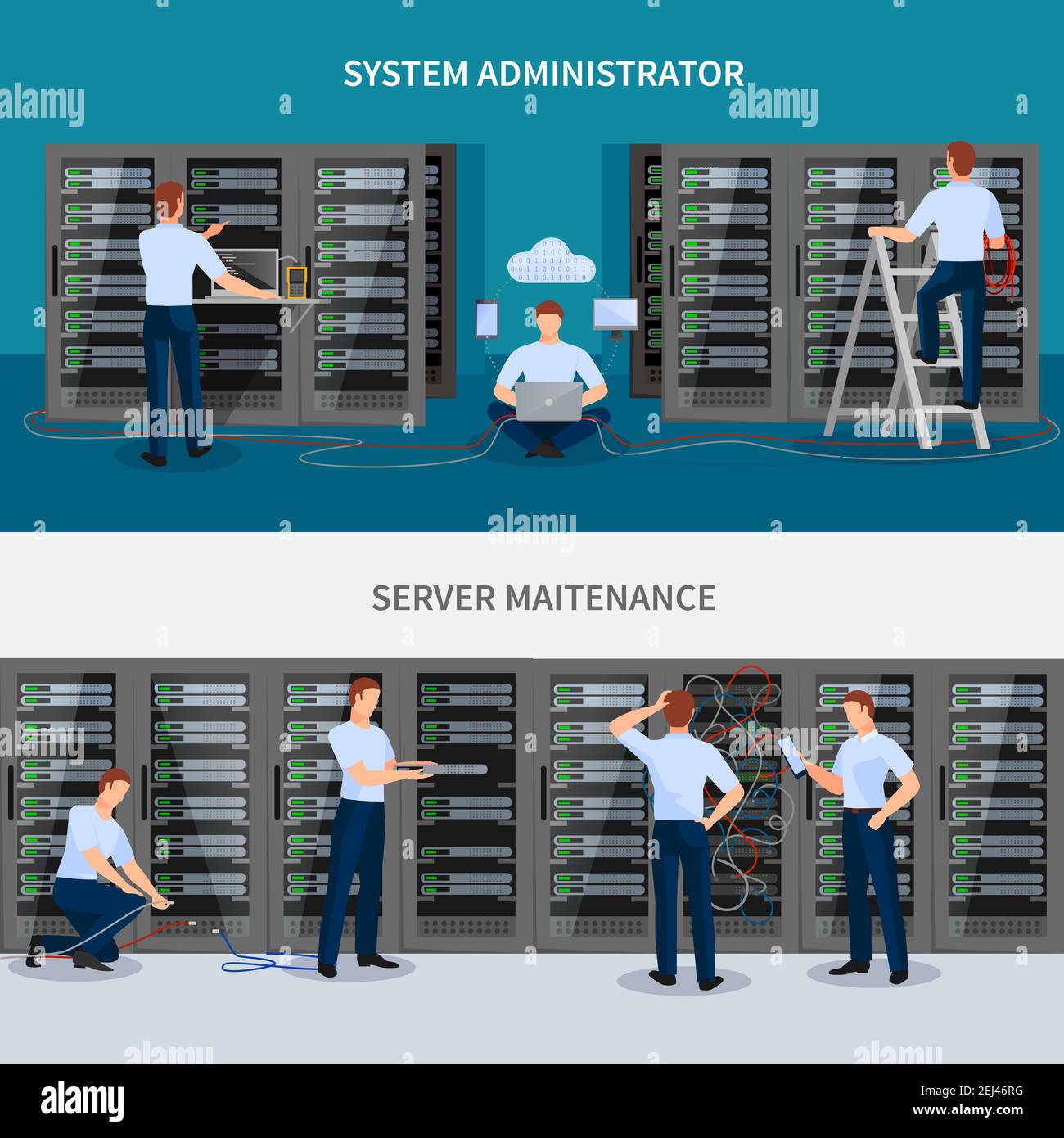 Server maintenance horizontal banners set with technology symbols flat ...