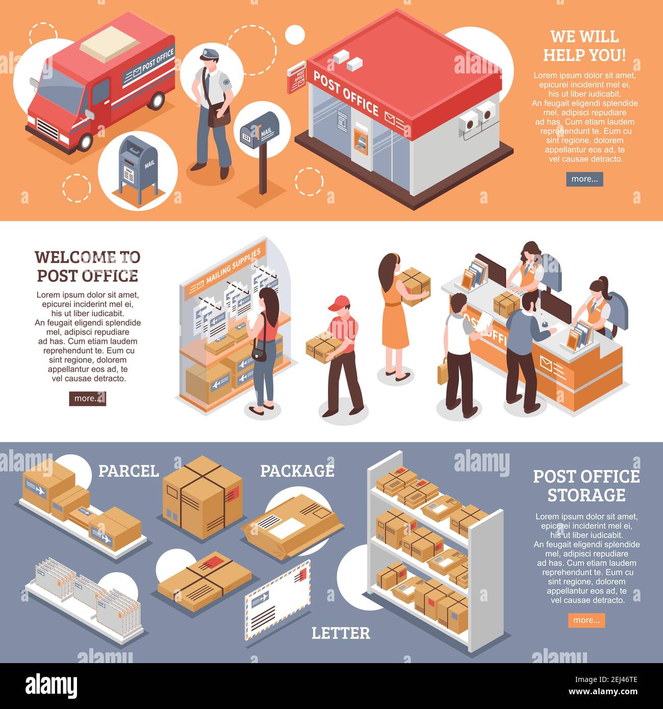 Isometric post horizontal banners set with postal office images ...