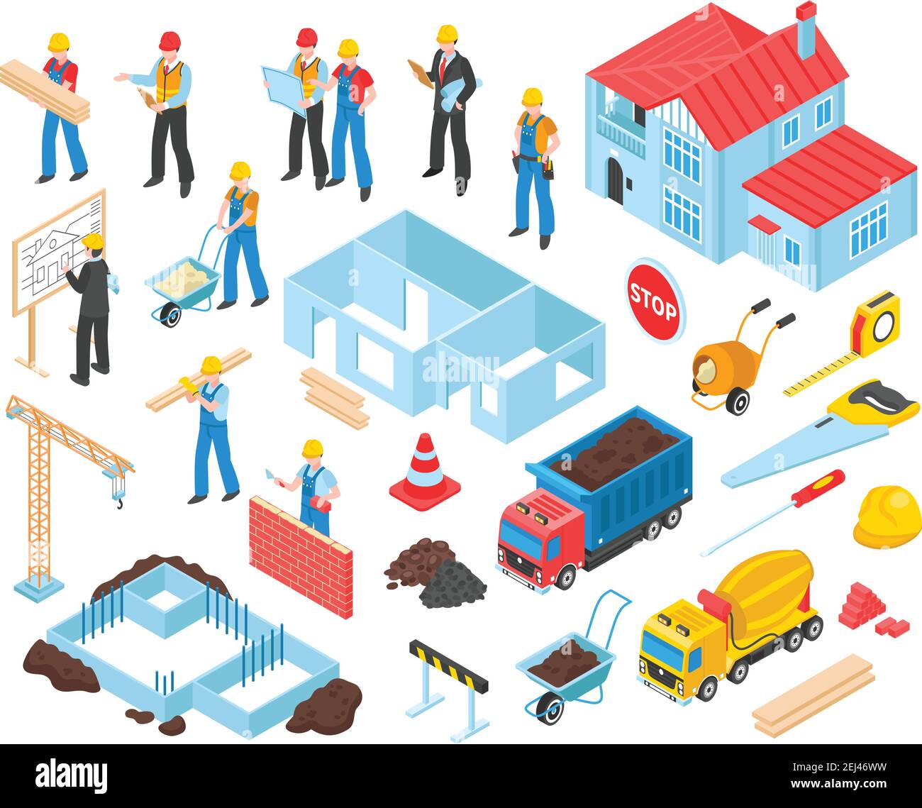 Building set of isolated construction site elements equipment and ...