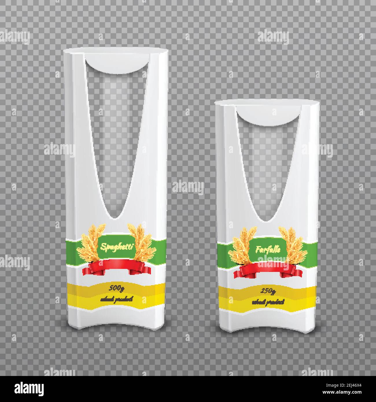 Set of realistic empty cardboard pasta packages with plastic window ...