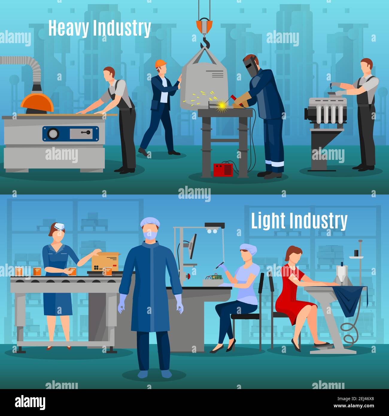 Factory workers horizontal banners set with automation symbols flat ...