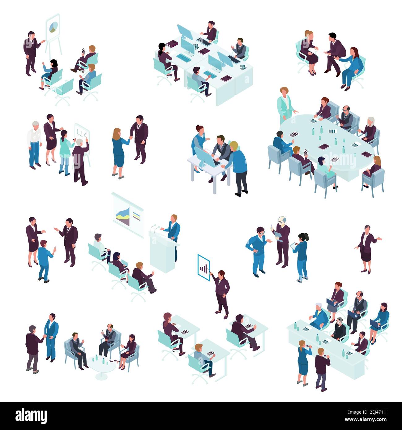 Business education isometric set with coaches training people ...
