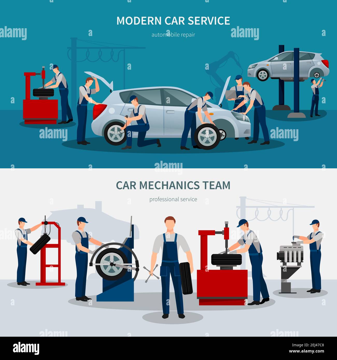 Car service horizontal banners with mechanics symbols flat isolated ...