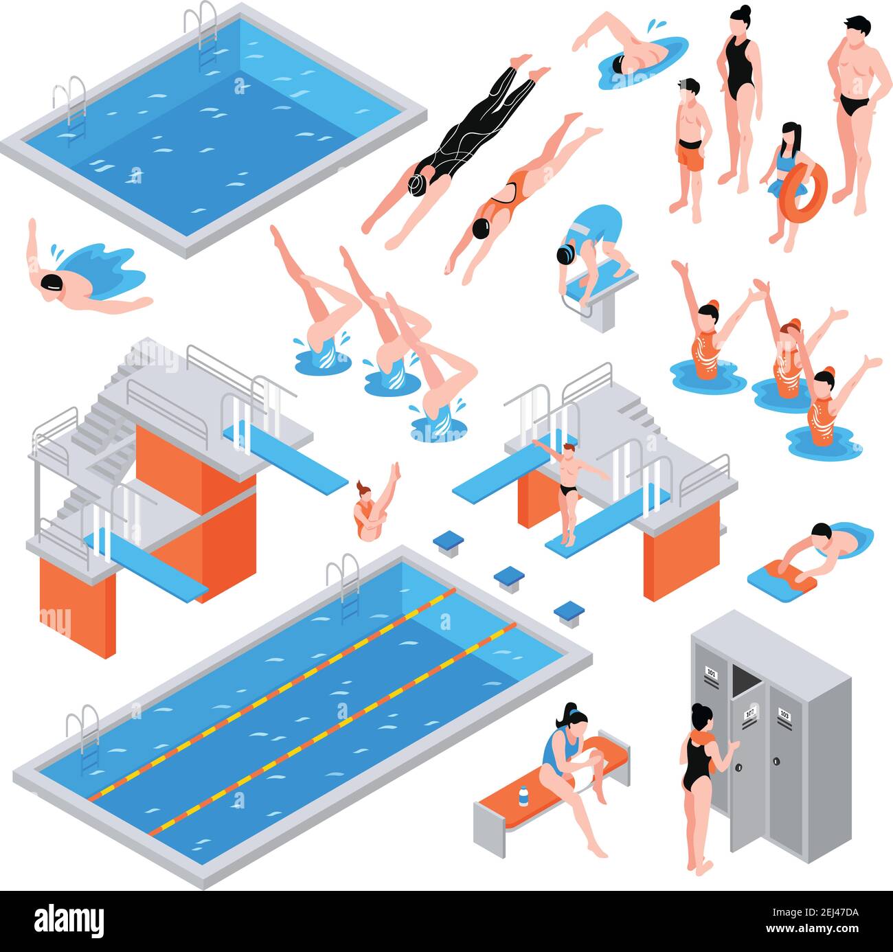 Isometric swimming pool set of isolated pool elements icons of ...