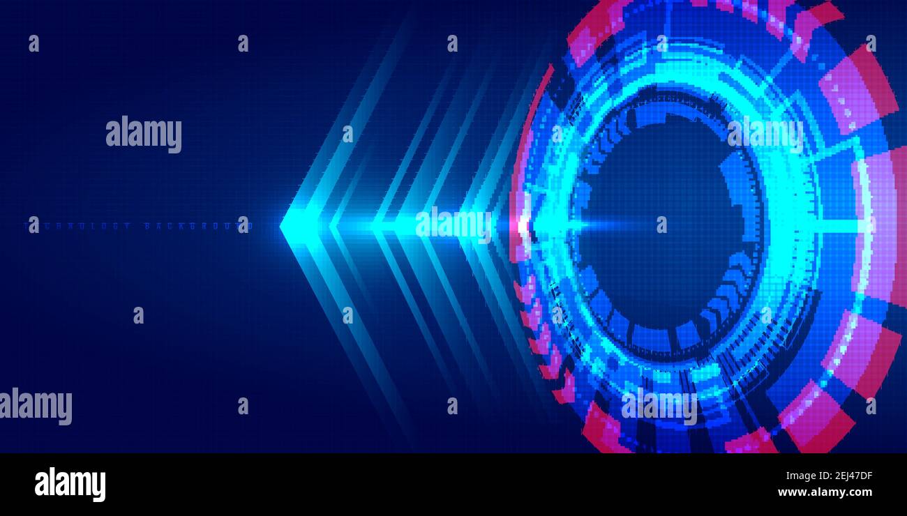Abstract technology blue HUD circle, light beam and arrow pattern ...