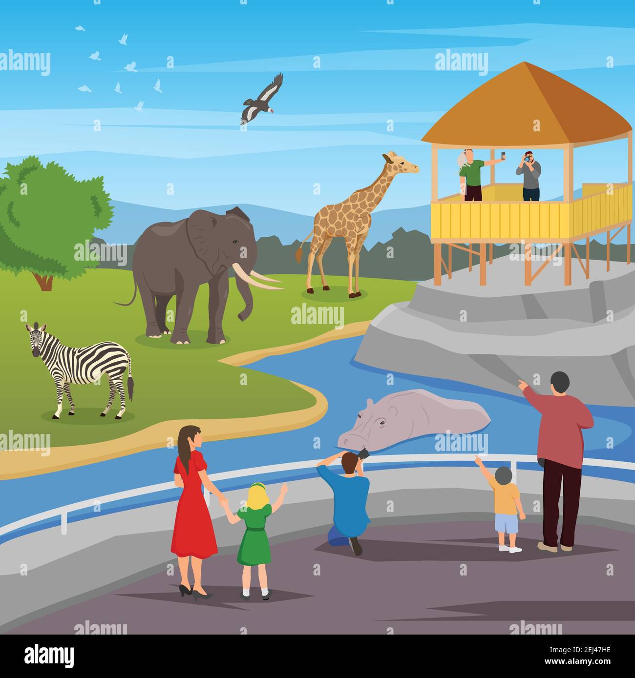 Zoo flat colored composition with adults and kids looking for wild ...