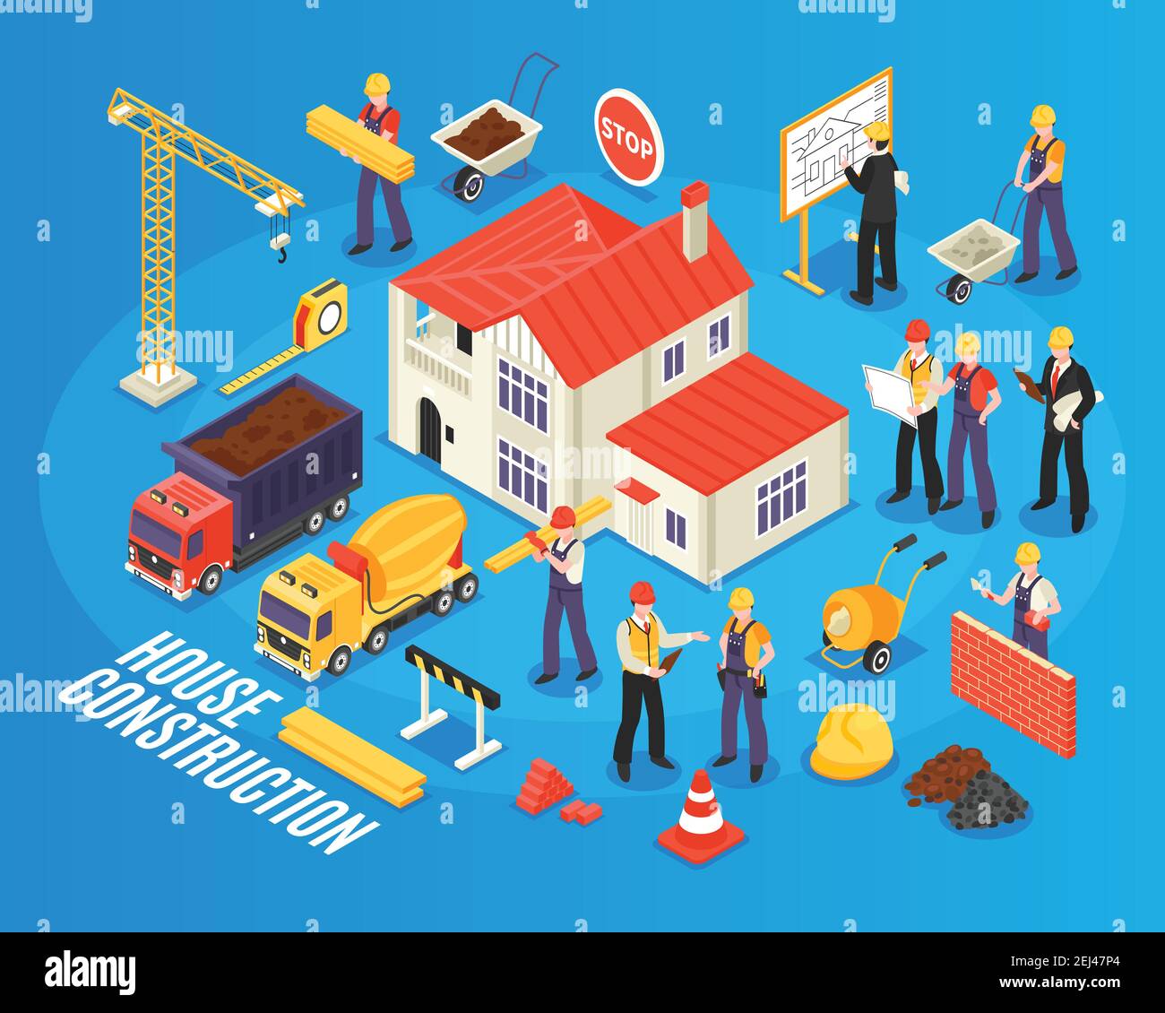 Isometric building background with figures of housebuilder workers and ...