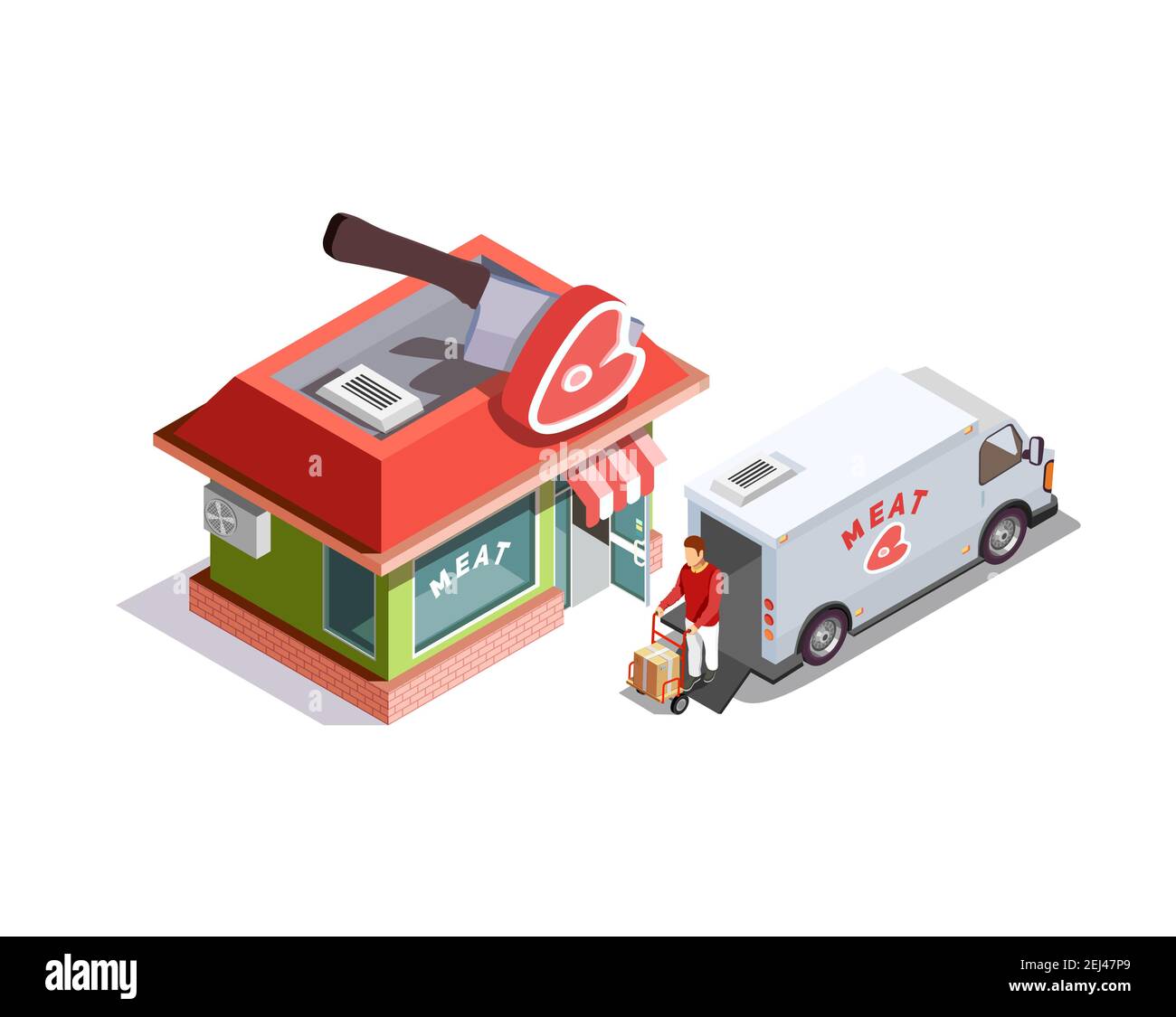 Butcher shop goods delivery isometric composition including person with ...