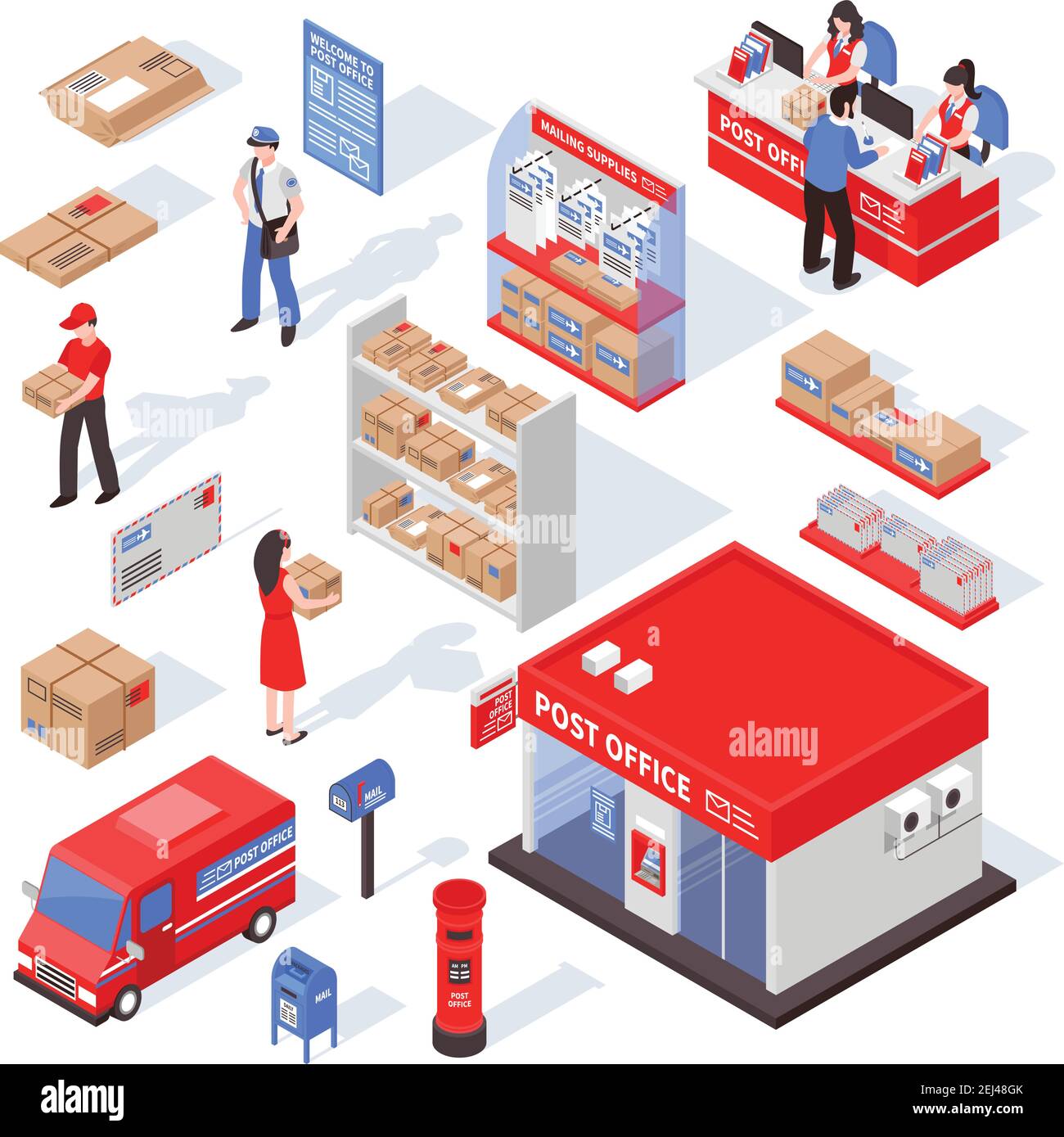 Post service isometric set with postman recipient forwarding agent ...