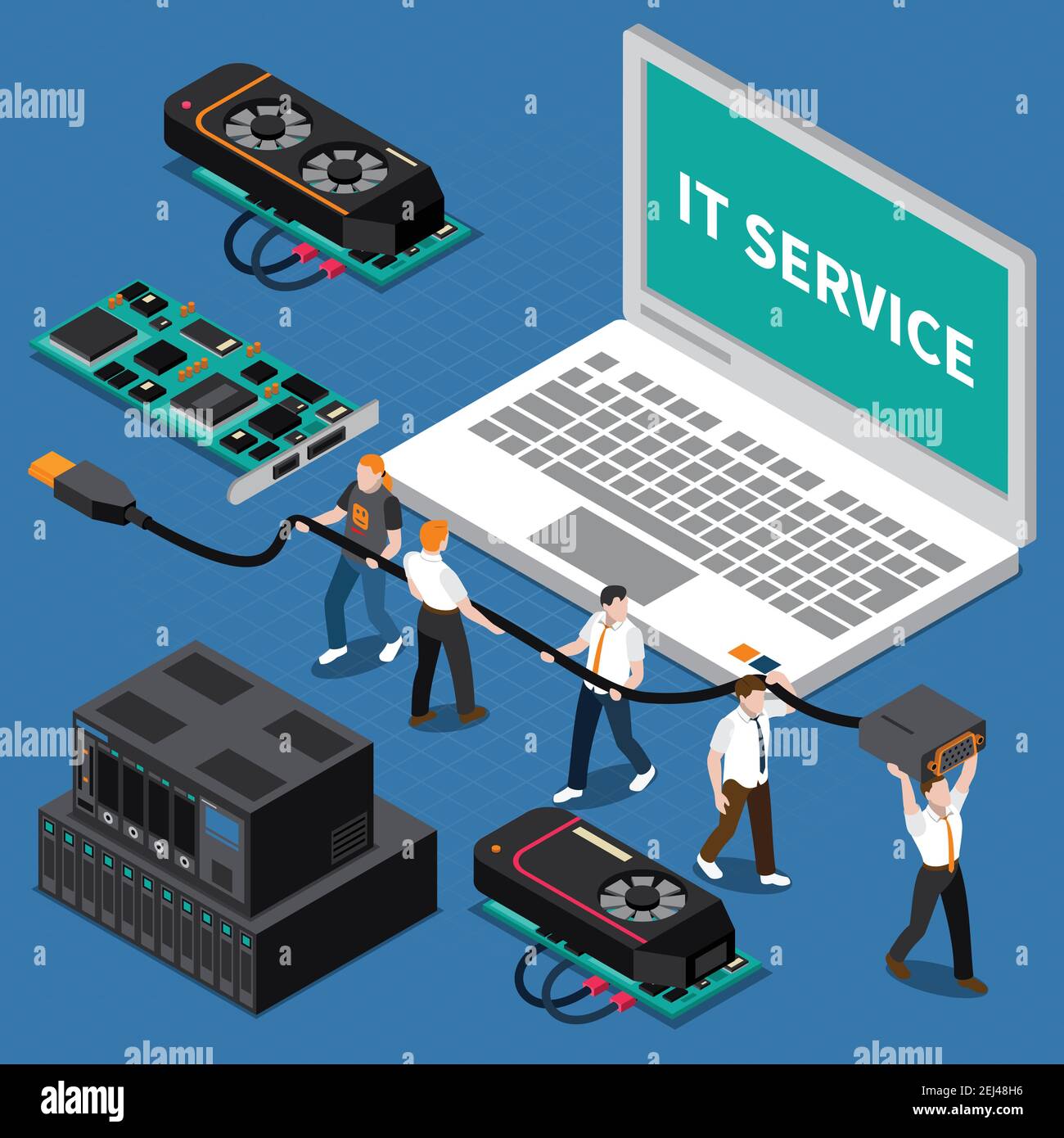 Isometric miniature concept with information technology service people ...