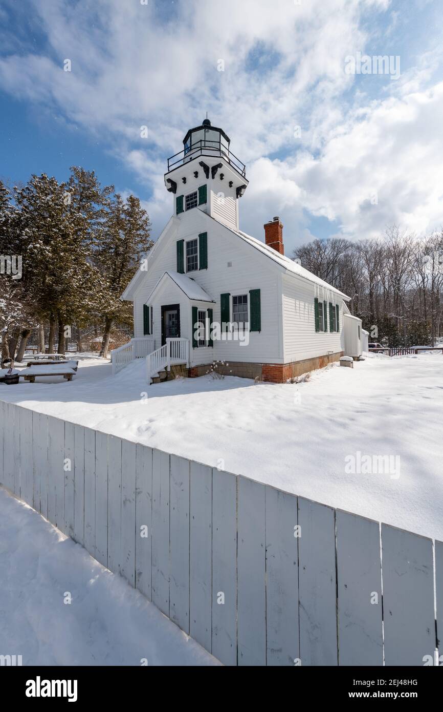 Very light snow falling on the 150 year old Old Mission Point ...