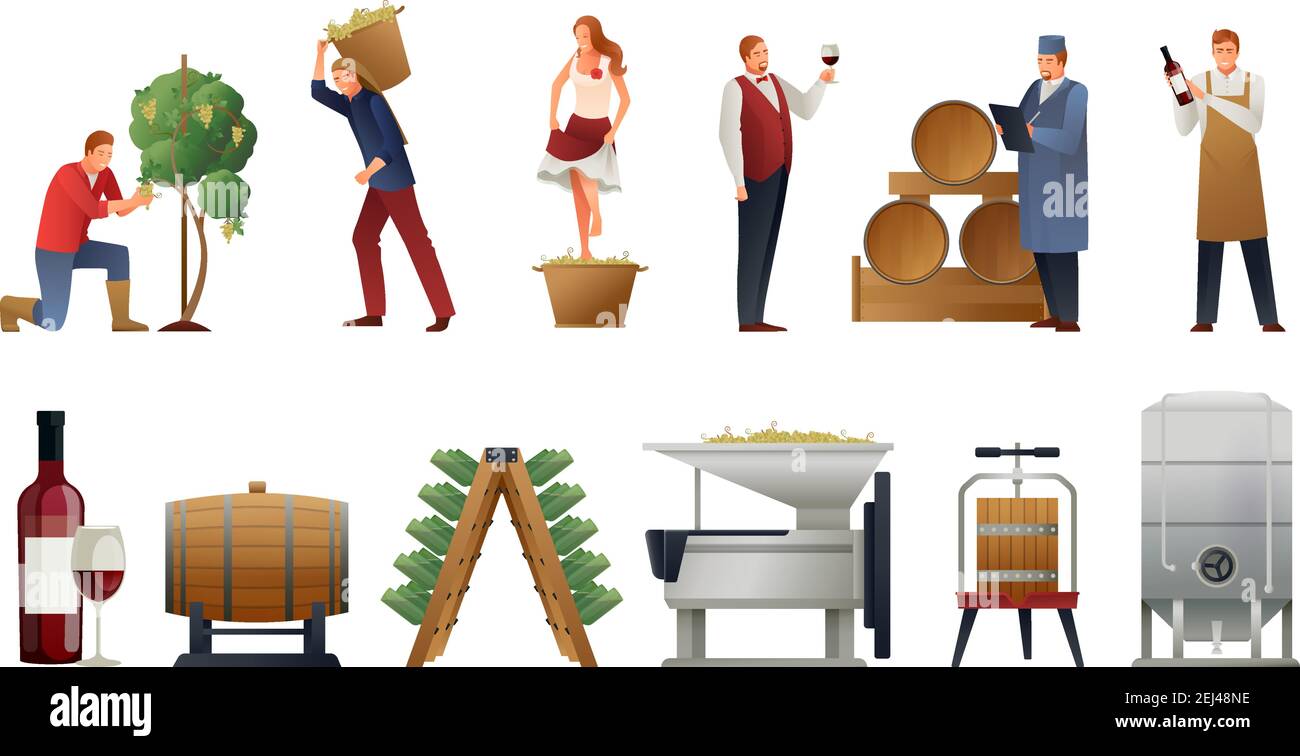 Wine production gradient set with people and bottles flat isolated ...