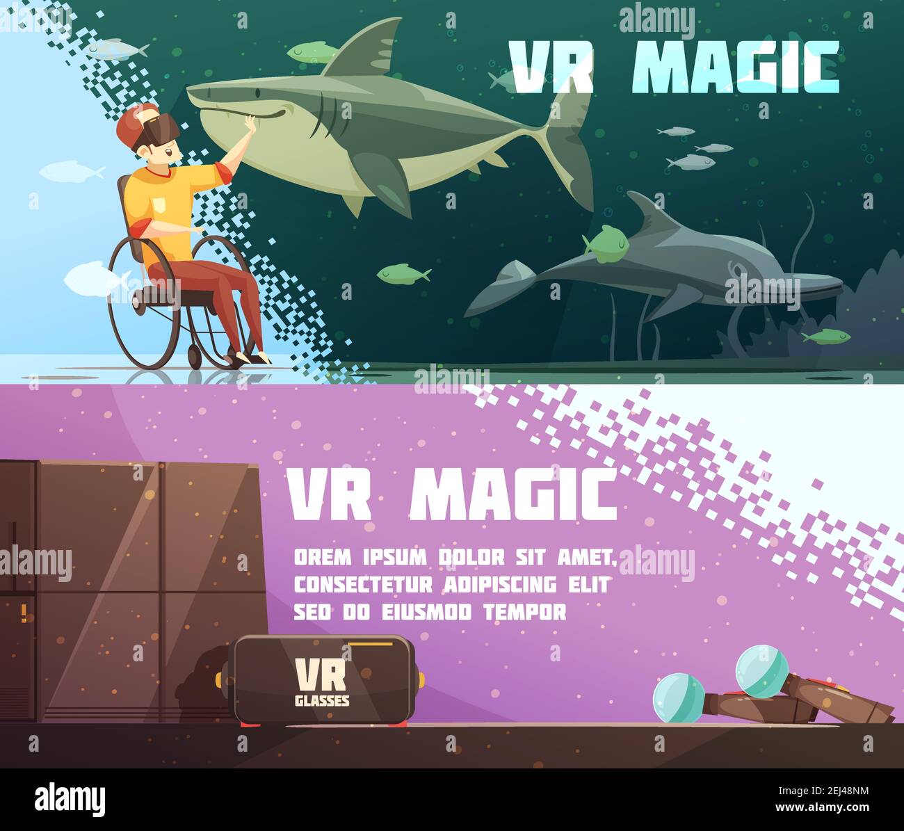 Virtual reality magic 2 horizontal cartoon banners with gaming ...